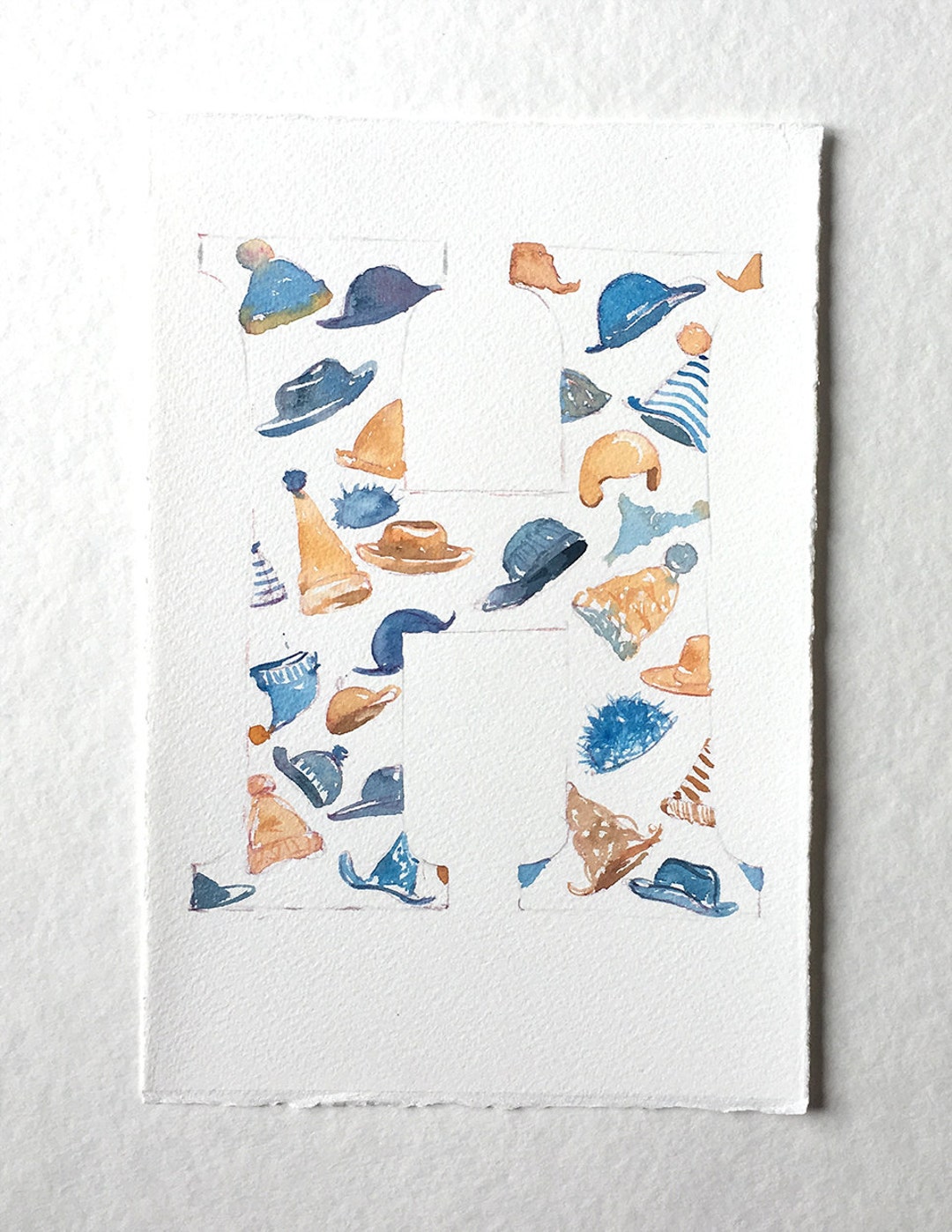 Letter H Watercolor Painting, Monogram Art, Blue Ochre Letter ...