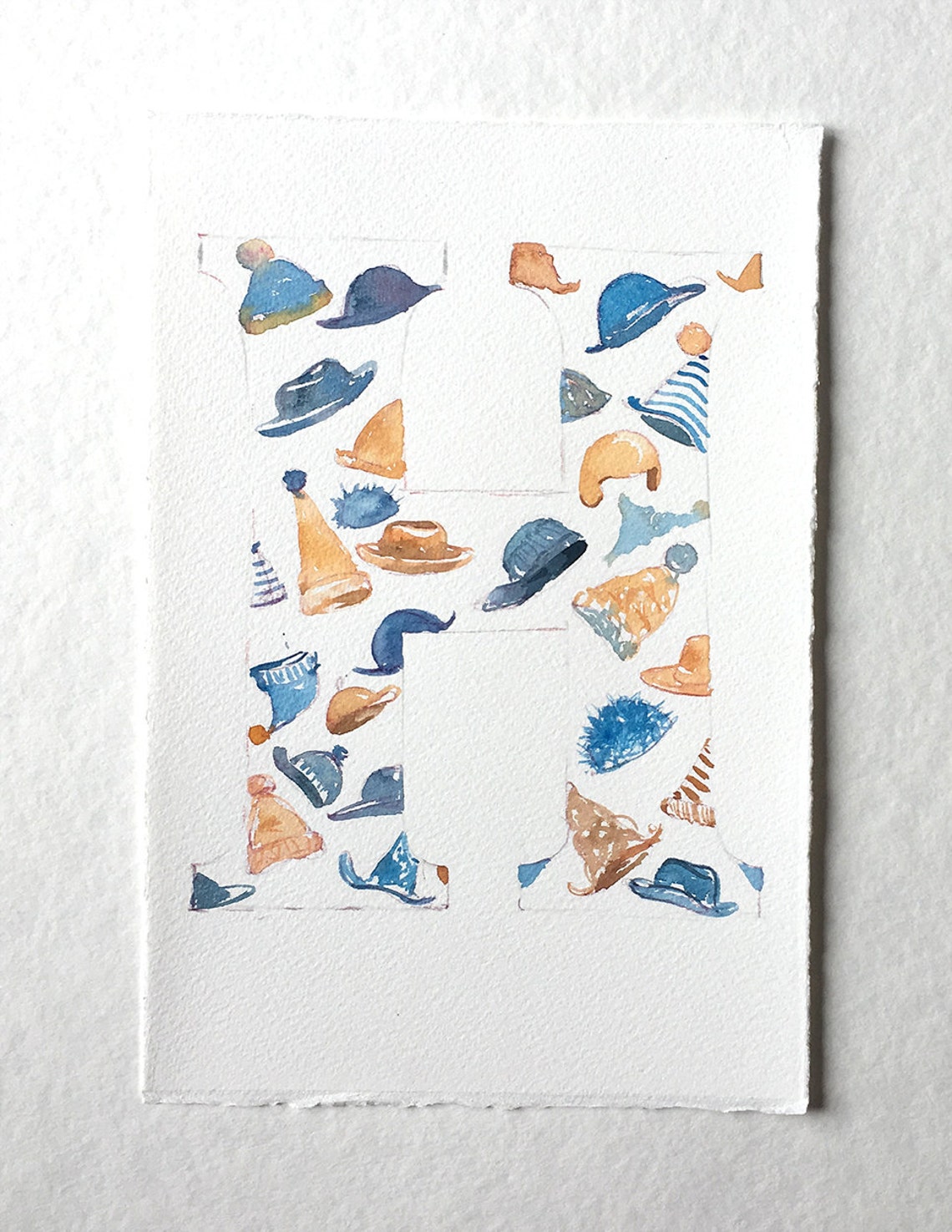 Letter H Watercolor Painting, Monogram Art, Blue Ochre Letter ...