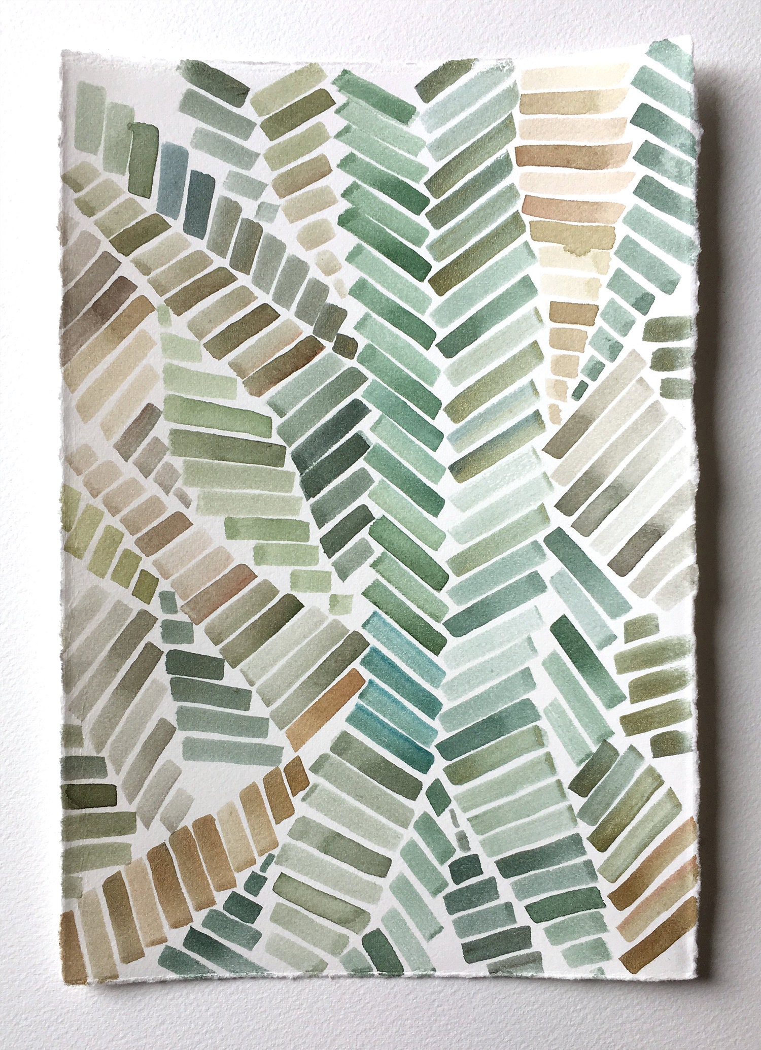 Geometric Watercolour Painting in Sage Green & Gold, Original ...