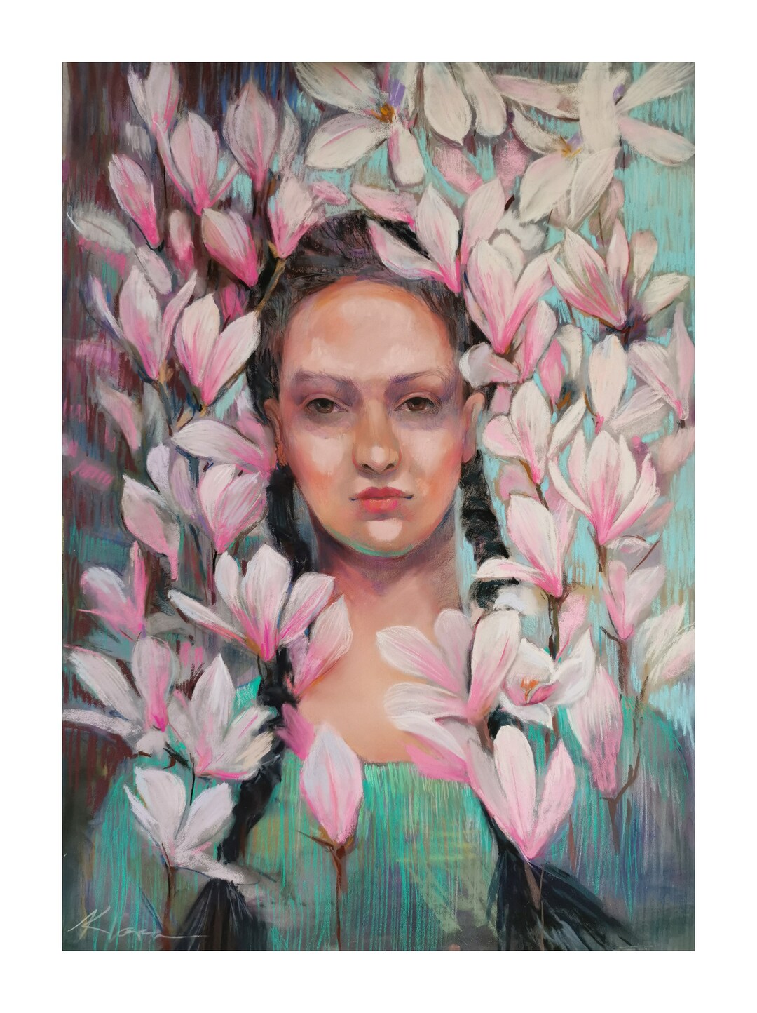 Original Magnolia Girl Pastel Painting 19x27 | Emerald Green Portrait ...
