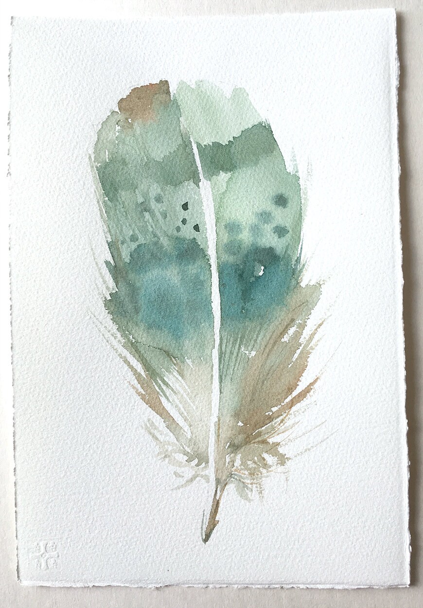 Watercolor Feather Painting Original/ Minty Green Feather Illustration ...