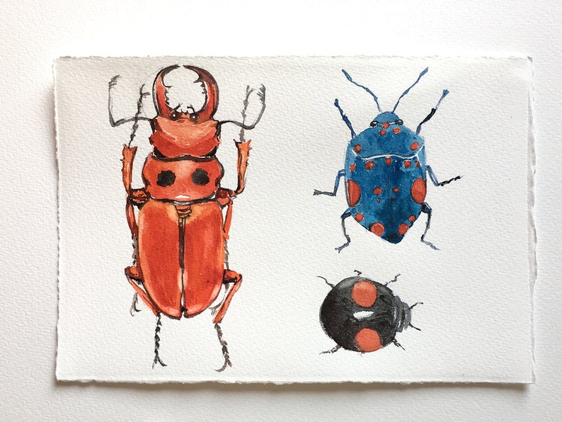 Red Beetle and Bugs Watercolour Painting Original, Insect Painting ...