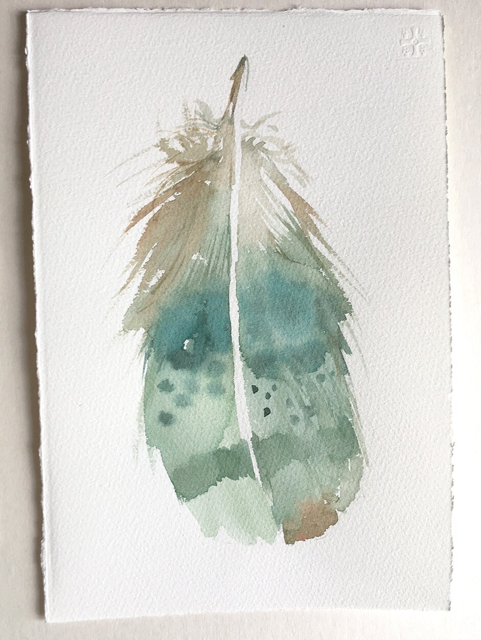 Watercolor Feather Painting Original/ Minty Green Feather Illustration ...