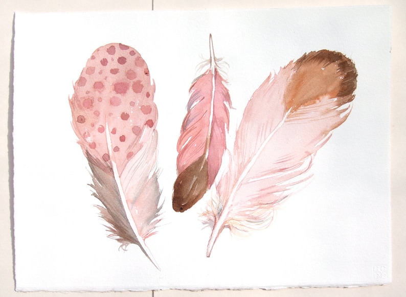 Pale Pink Feathers Watercolor Painting – Original Feather Illustration ...