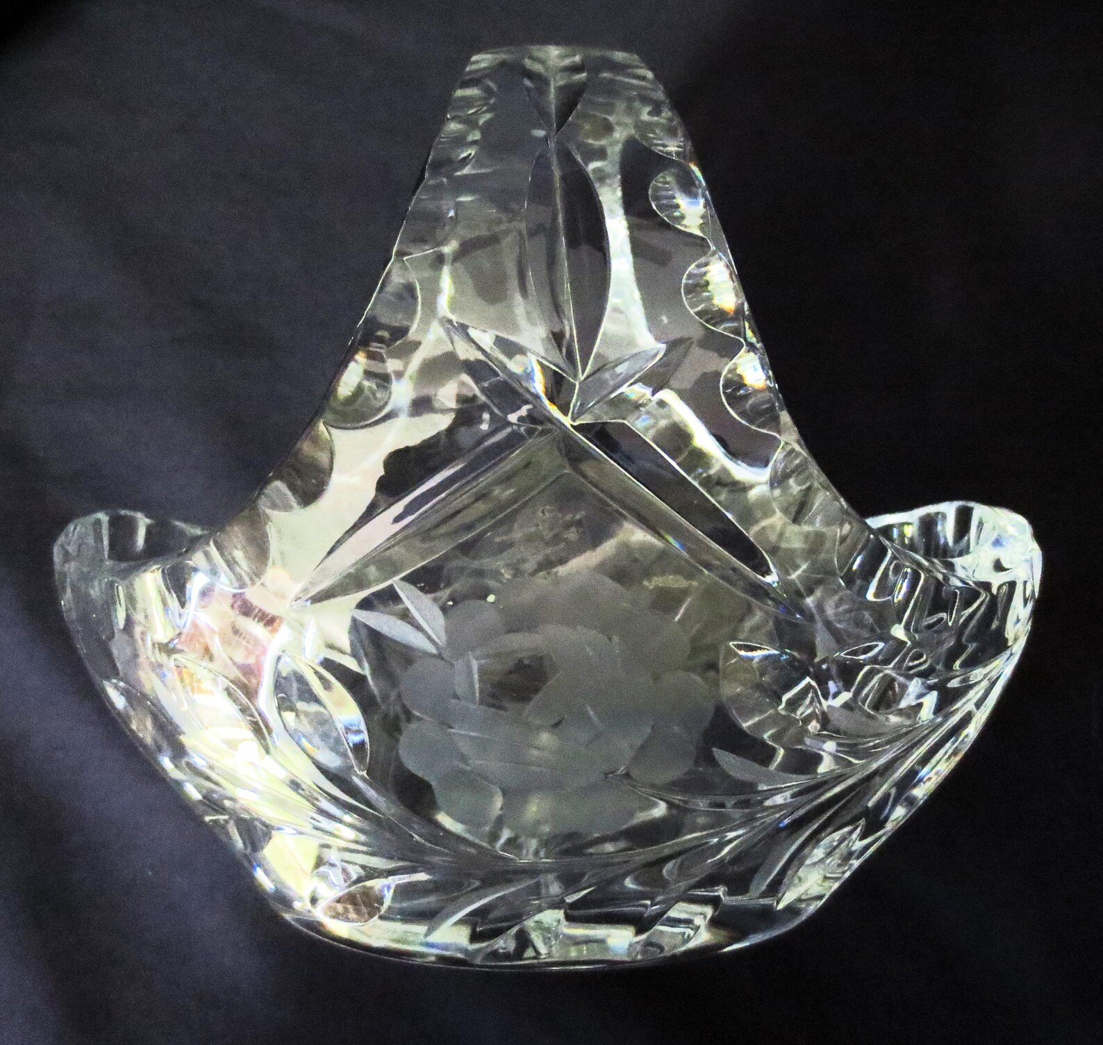 LEAD CUT GLASS Basket Clear Vintage 5 Crystal Frosted Floral Bowl Shape ...