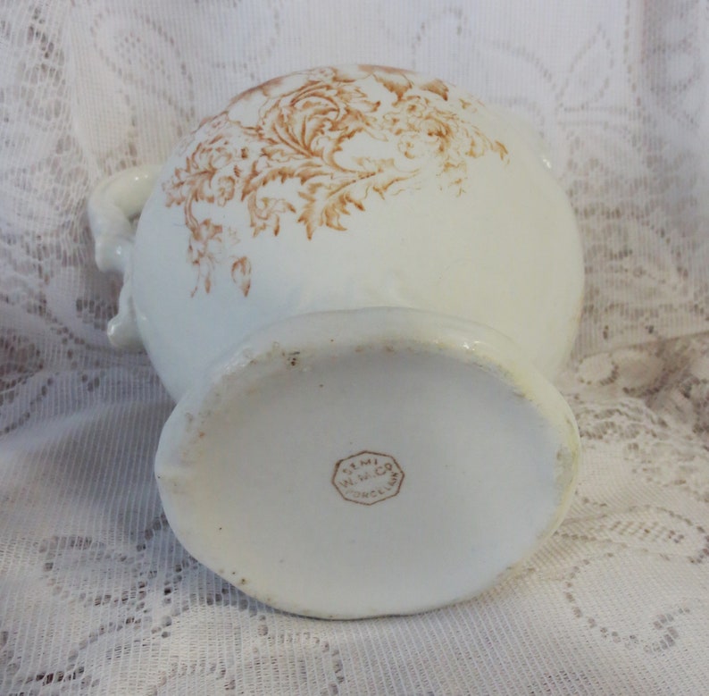 ANTIQUE PITCHER W M Co Victorian Semi Porcelain USA Brown Transferware ...