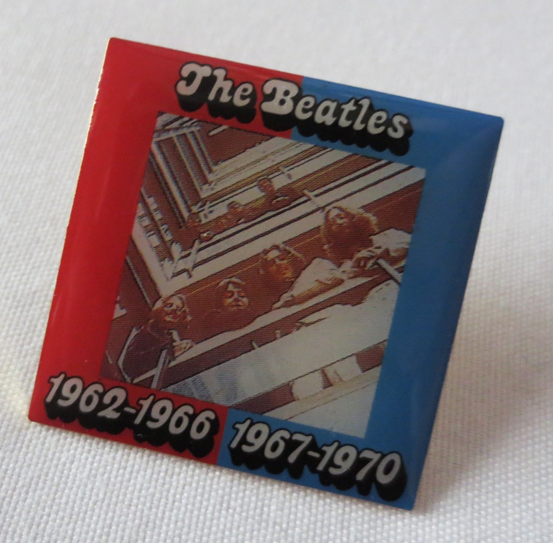 Vintage BEATLES LAPEL PIN 1962-1966 1967-1970 Red Blue Enamel 1 1/8 Sq ...