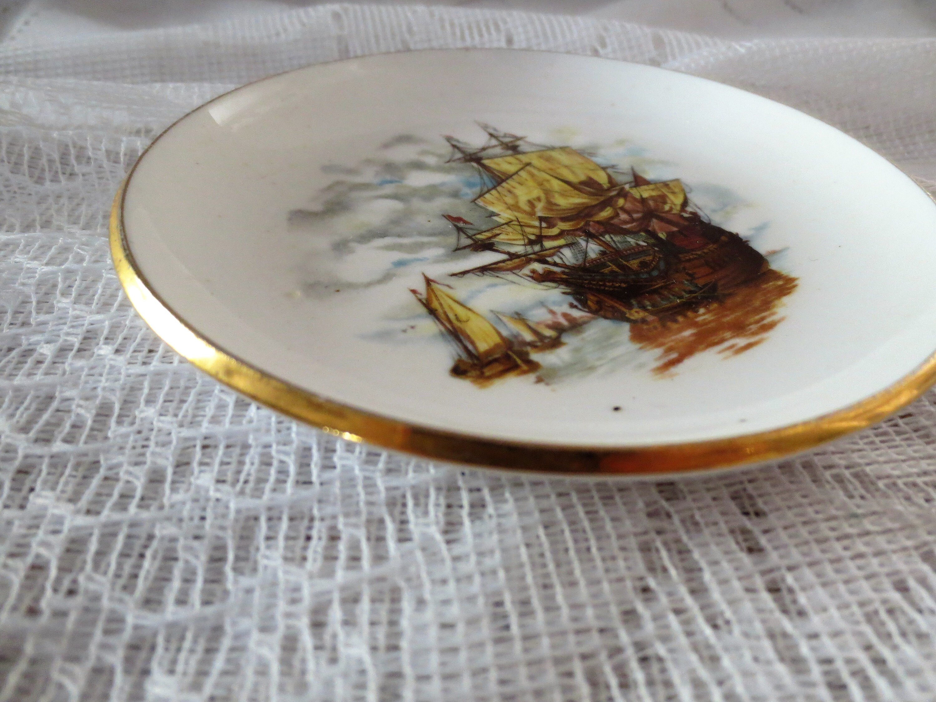 Vintage BONE China SHIP PLATE Little 4" Dish Galleon at Sea ...