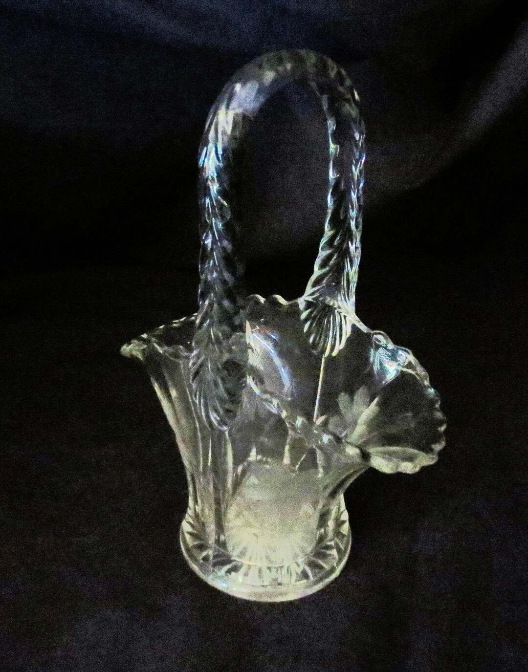 CLEAR GLASS BASKET Vintage 6.5" Crystal Frosted Floral Pattern Wedding ...