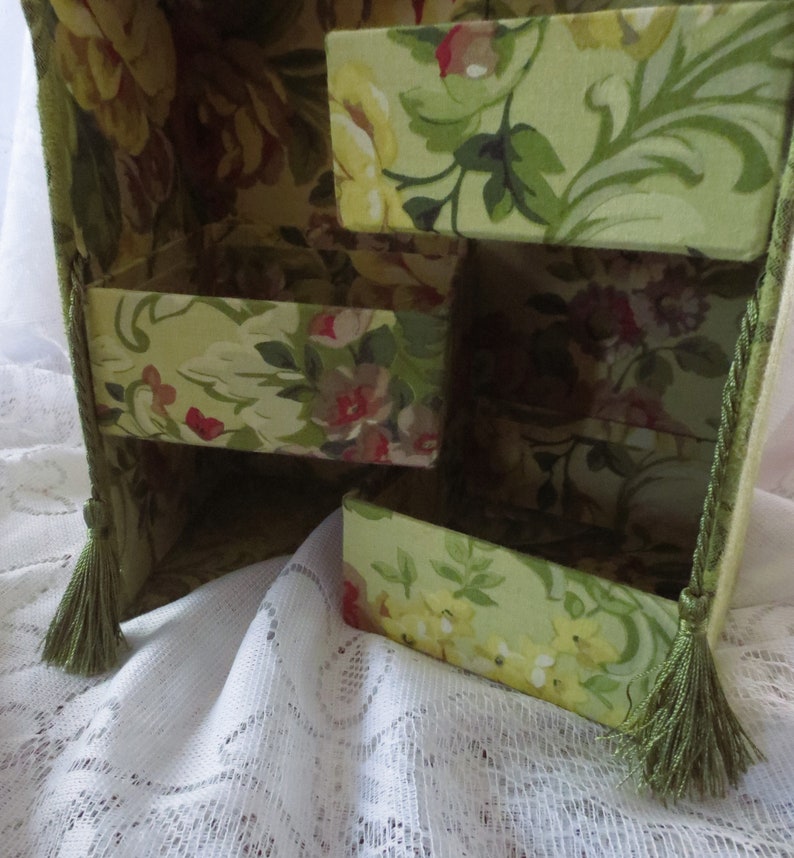 BROCADE JEWEL BOX Vintage Storage Fabric Covered Opens to Boxed Shelves ...