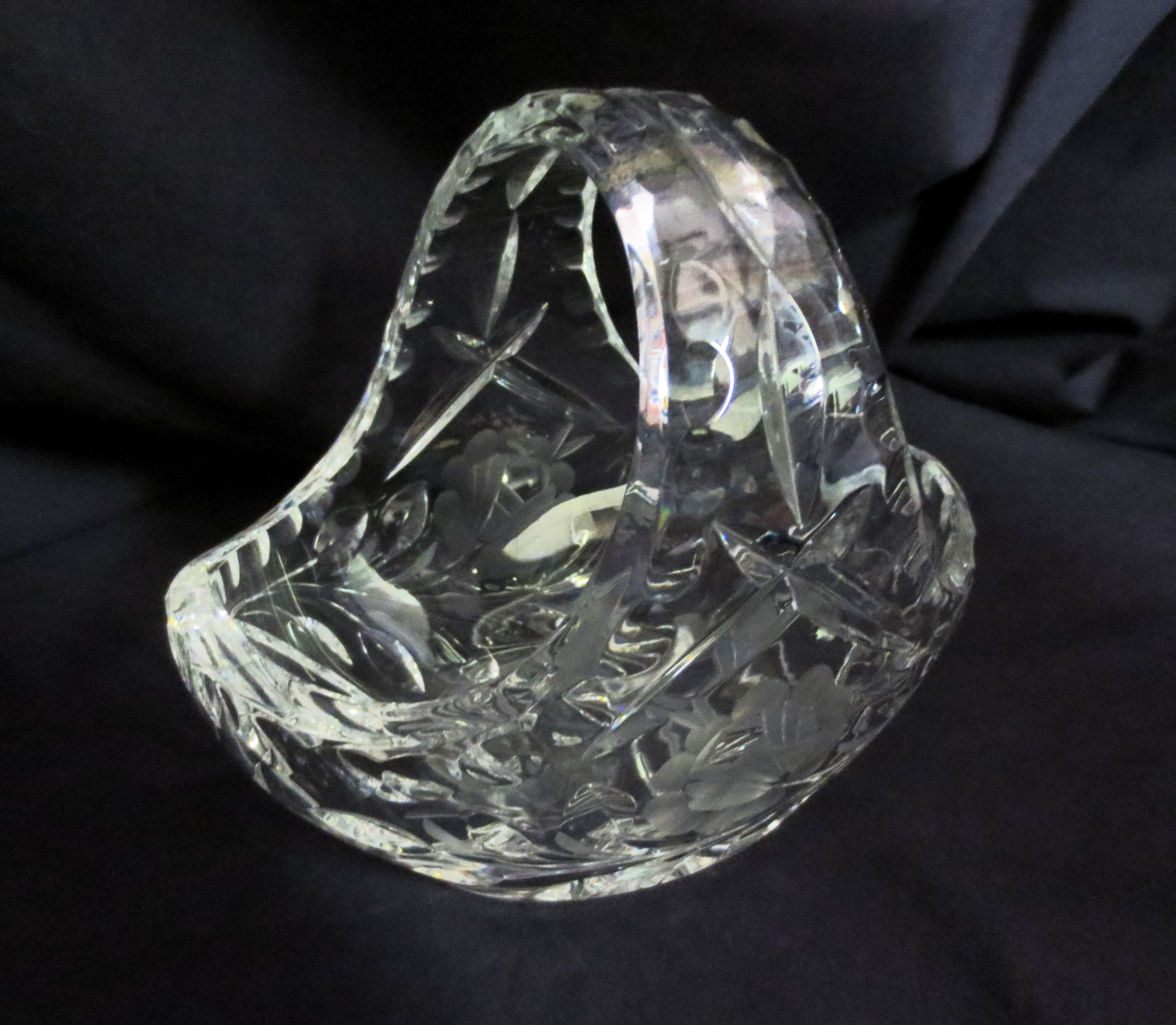 LEAD CUT GLASS Basket Clear Vintage 5 Crystal Frosted Floral Bowl Shape ...
