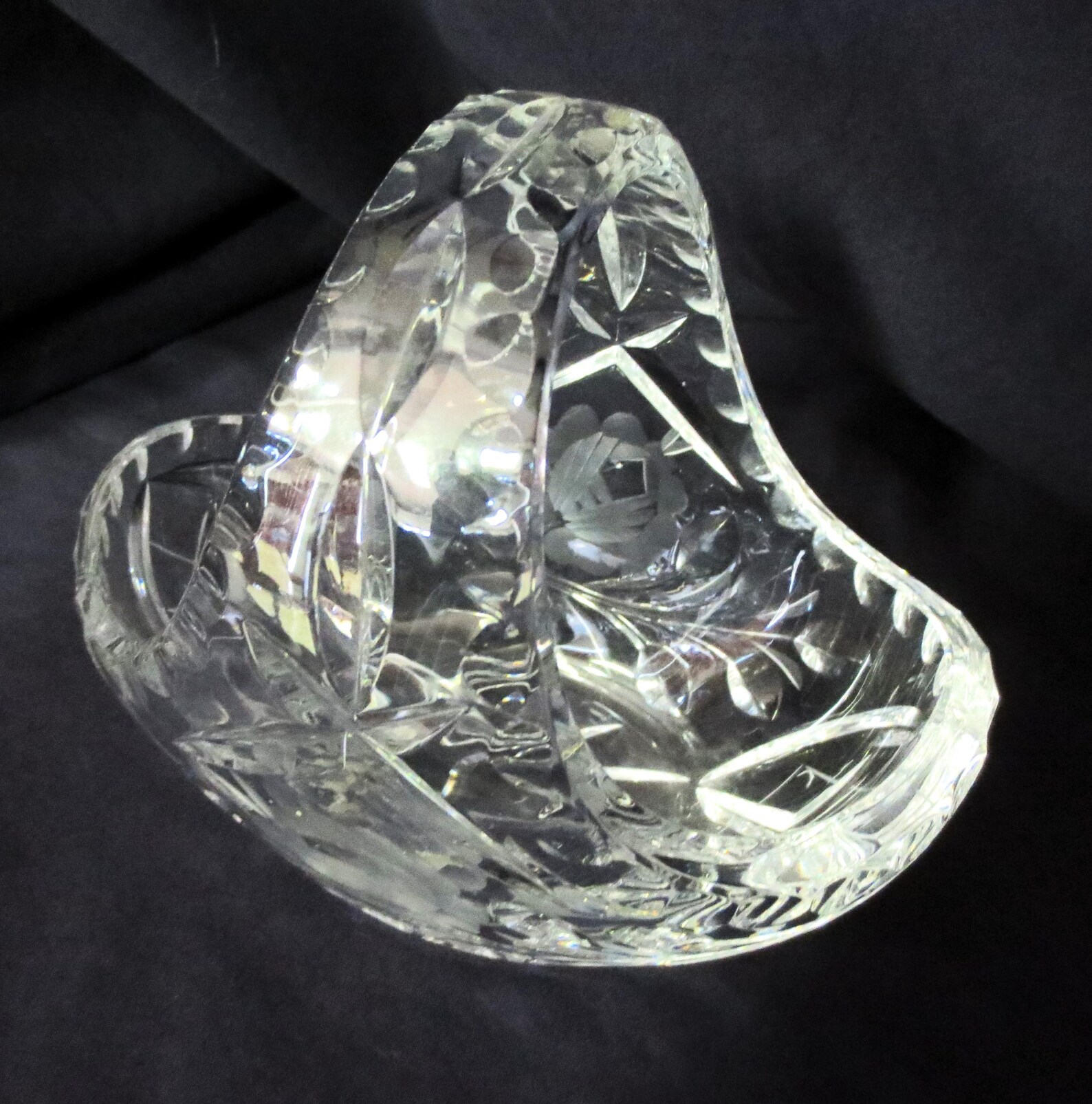 LEAD CUT GLASS Basket Clear Vintage 5 Crystal Frosted Floral Bowl Shape ...