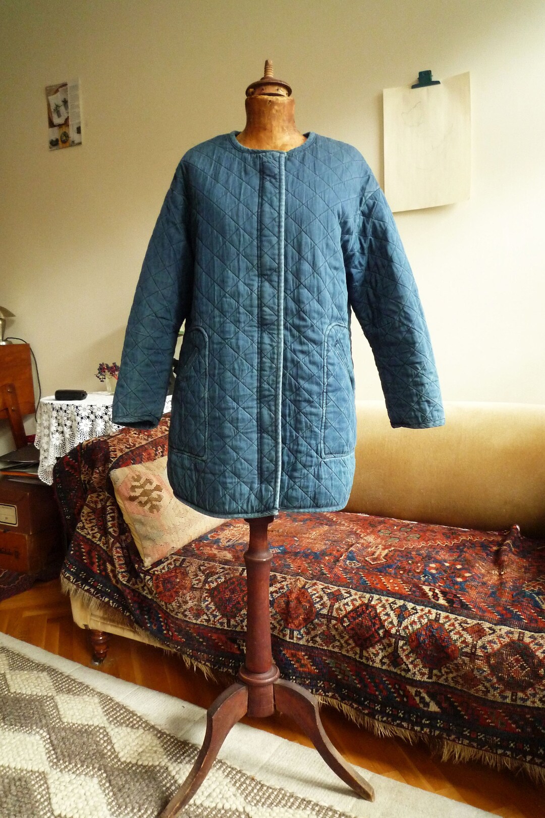 Round Neck Quilted Padded Indigo Jacket Denim Jacket Quilted Coat Lined ...