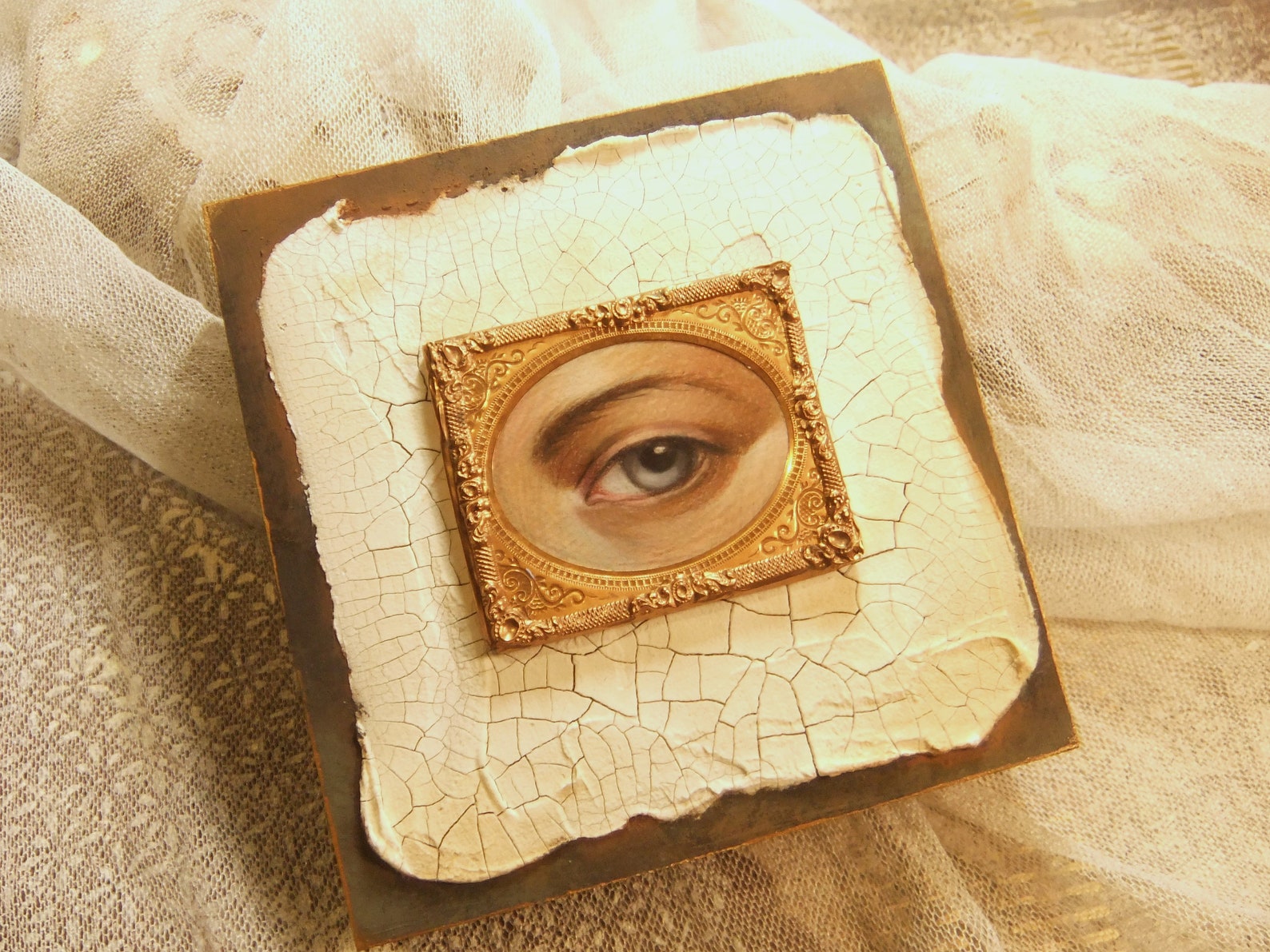 Lover's Eye, Eye Drawing, Mixed Media Art, Antique Frame, Stamped Brass ...