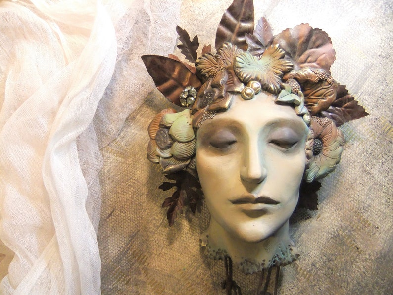 Tree Spirit, Dryad Mask, Botanical Art, Woodland Decor, Copper Leaves ...
