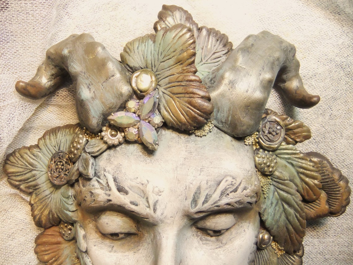 Woodland Wall Mask, Horned Man, Forest God, Spirit Animal, Pan, Green ...