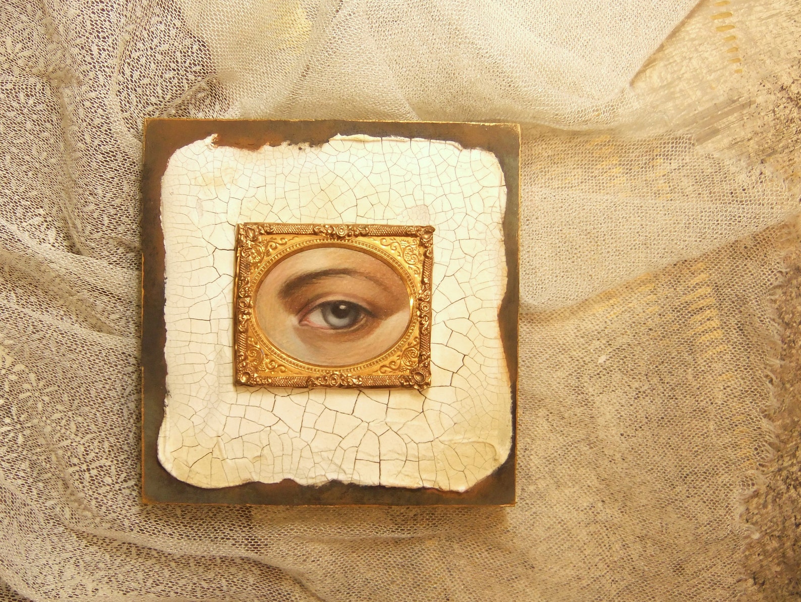 Lover's Eye, Eye Drawing, Mixed Media Art, Antique Frame, Stamped Brass ...