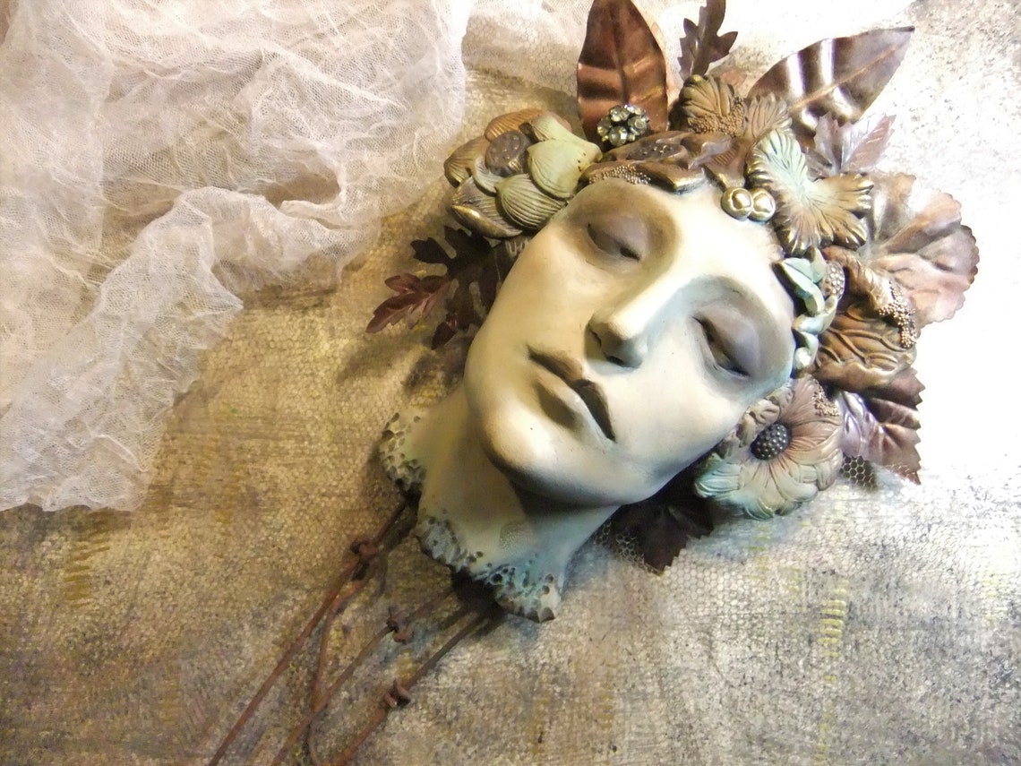 Tree Spirit, Dryad Mask, Botanical Art, Woodland Decor, Copper Leaves ...