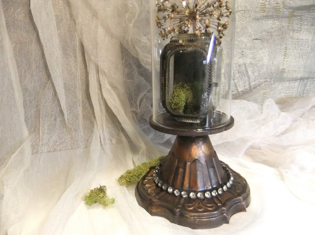 Vintage Glass Cloche Display: Copper Pedestal With Rhinestones - Etsy