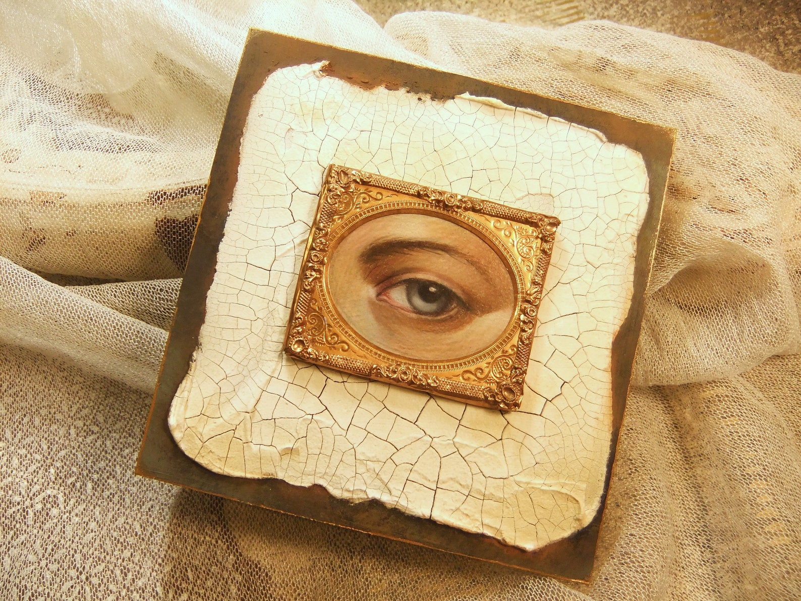 Lover's Eye, Eye Drawing, Mixed Media Art, Antique Frame, Stamped Brass ...