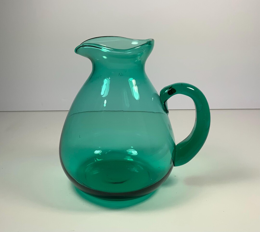 Vintage ART GLASS PITCHER, Mini Pitcher, Applied Glass Handle, Green ...