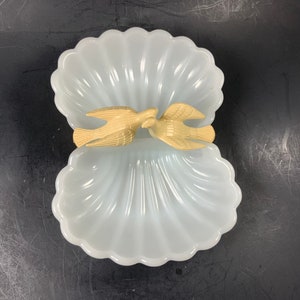 Vintage MILK GLASS SHELL W/ Doves, Double Divided Dish, Candy, Nuts ...
