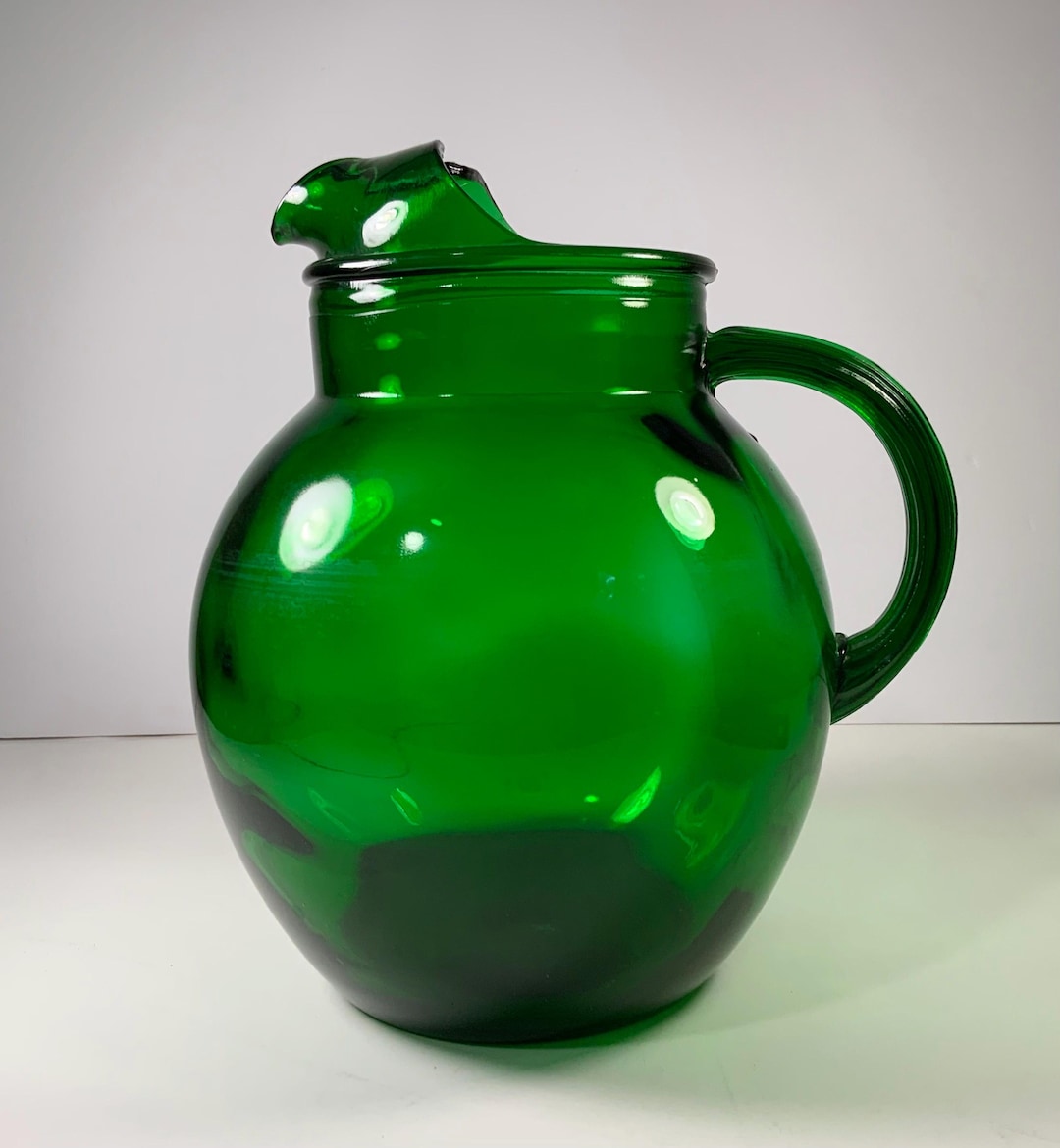 Vintage ANCHOR HOCKING PITCHER Green Glass Pitcher Roly Poly Style ...