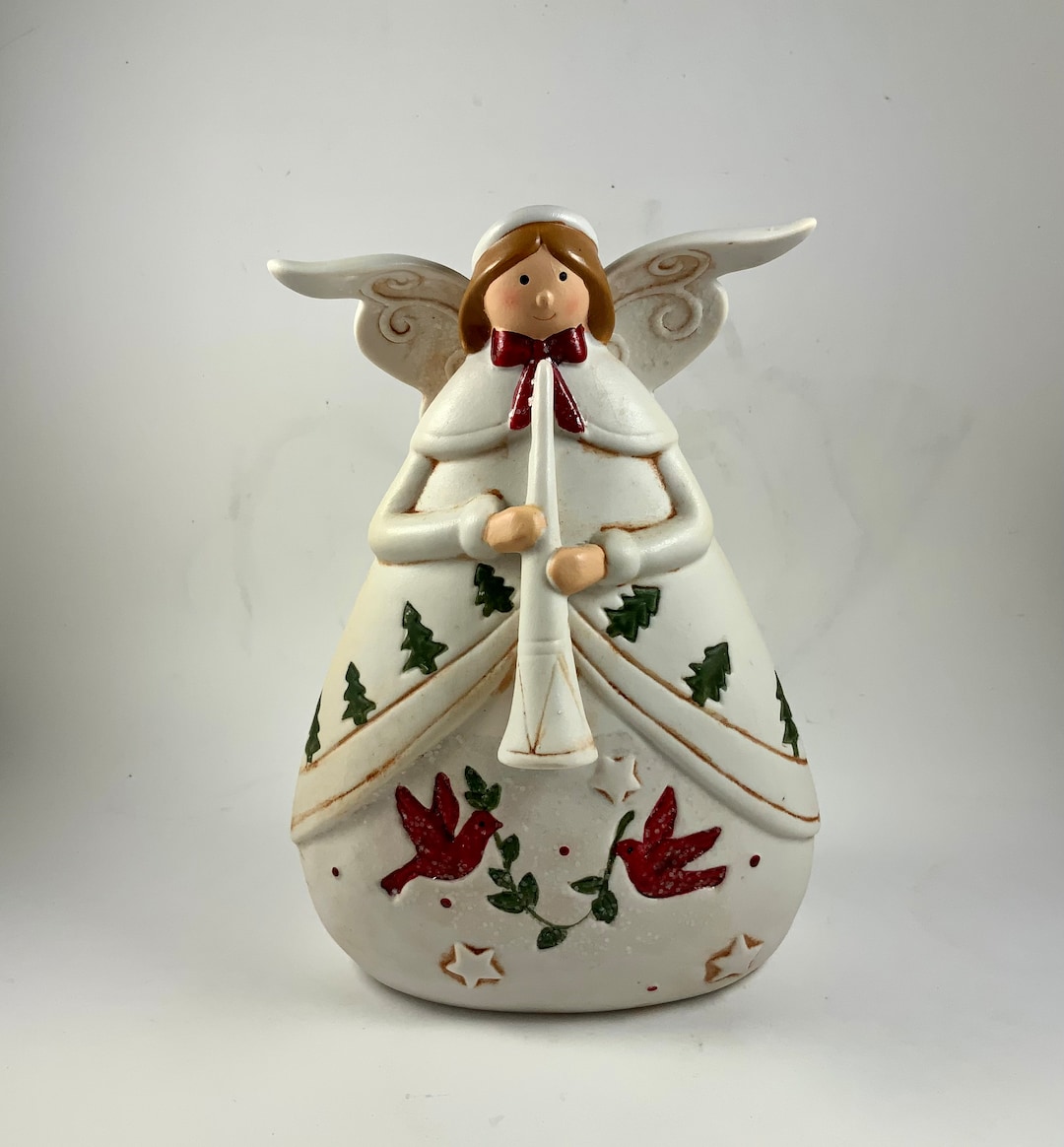 VINTAGE ANGEL FIGURINE W/ Horn Instrument and Red Birds - Etsy