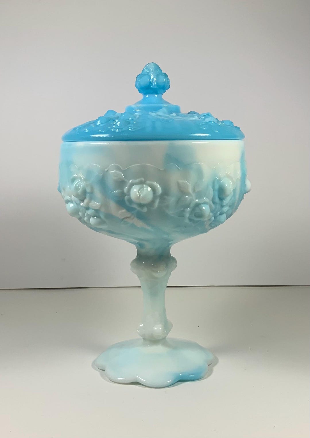 Vintage FENTON CANDY DISH Lidded Compote Cabbage Rose Scalloped Blue ...