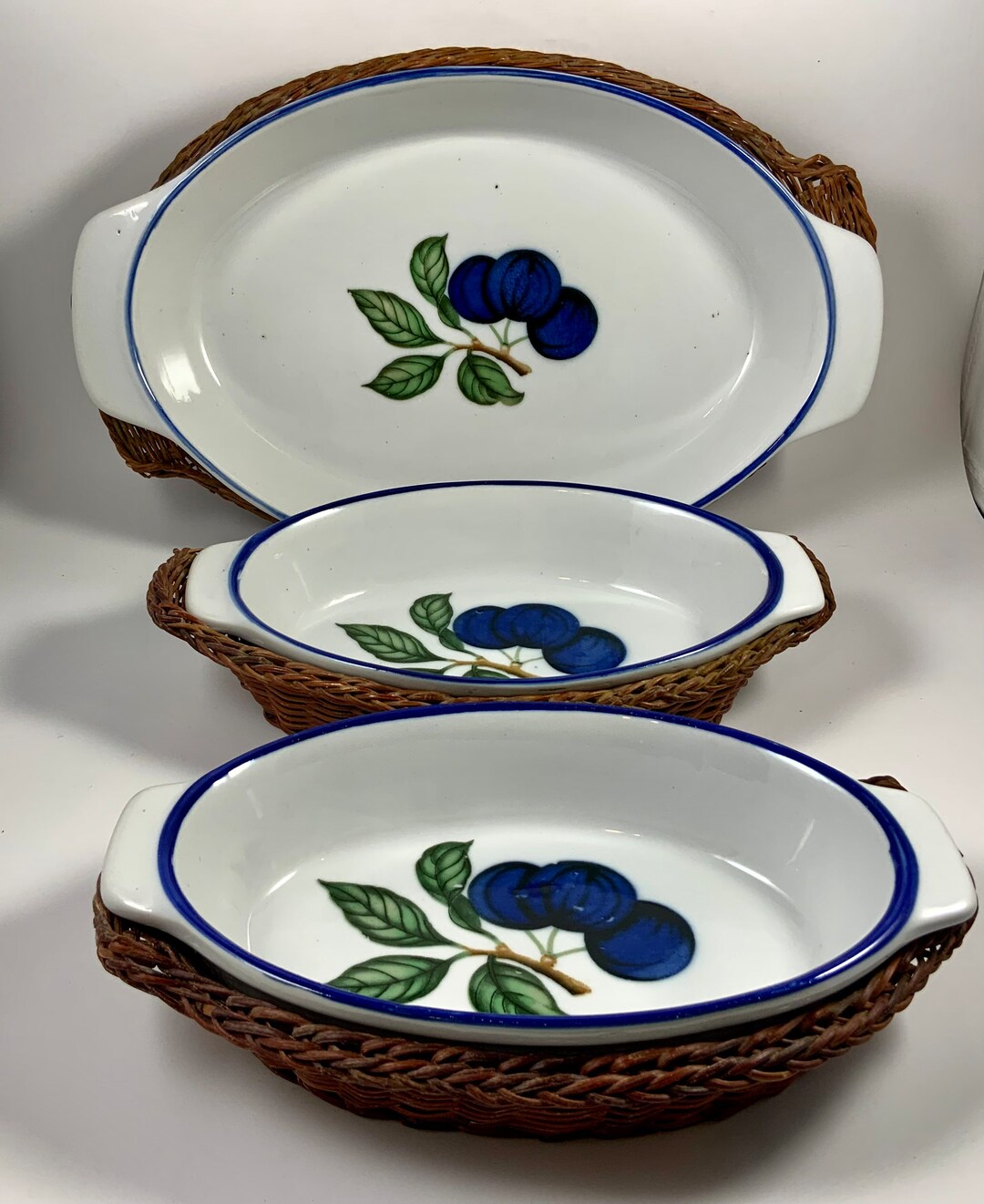 Vintage BLUEBERRY CASSEROLE DISHES, Oval, Includes Wicker Baskets ...