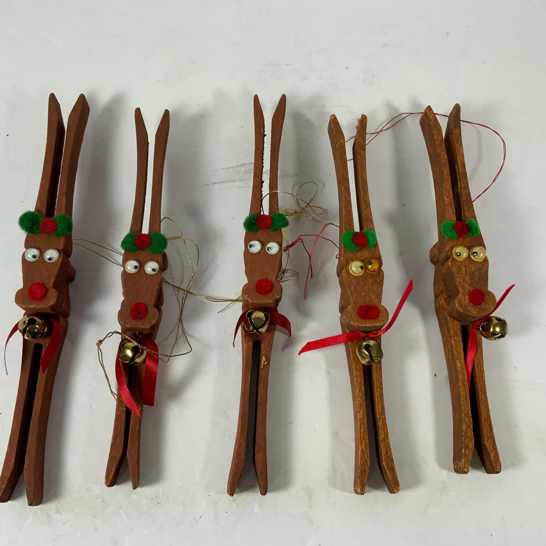 Vintage CLOTHESPIN REINDEER ORNAMENTS, Google Eyes, Red Nose, Tree ...