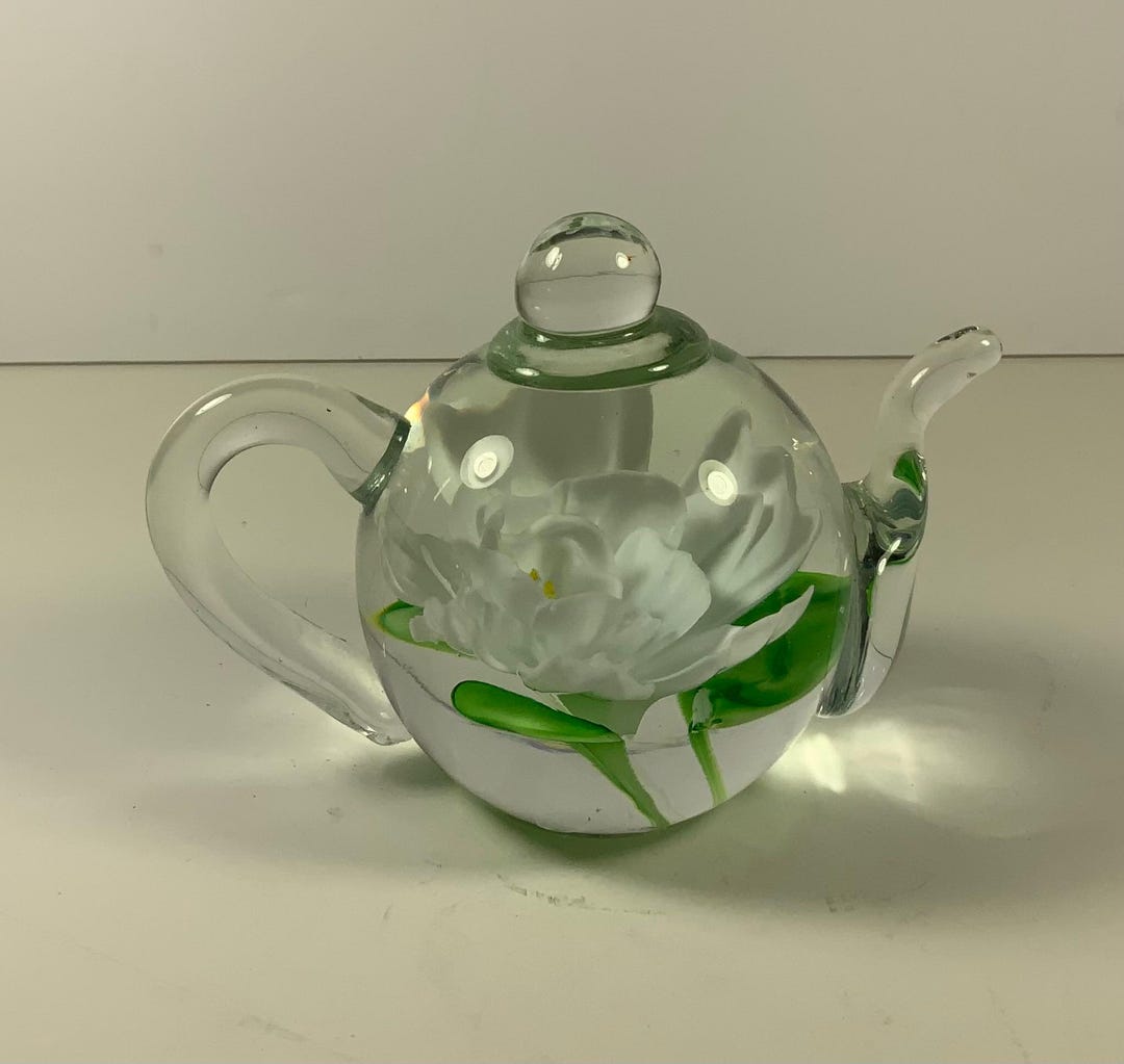 Vintage ART GLASS TEAPOT White Flower Teapot Paperweight Knick Knack ...