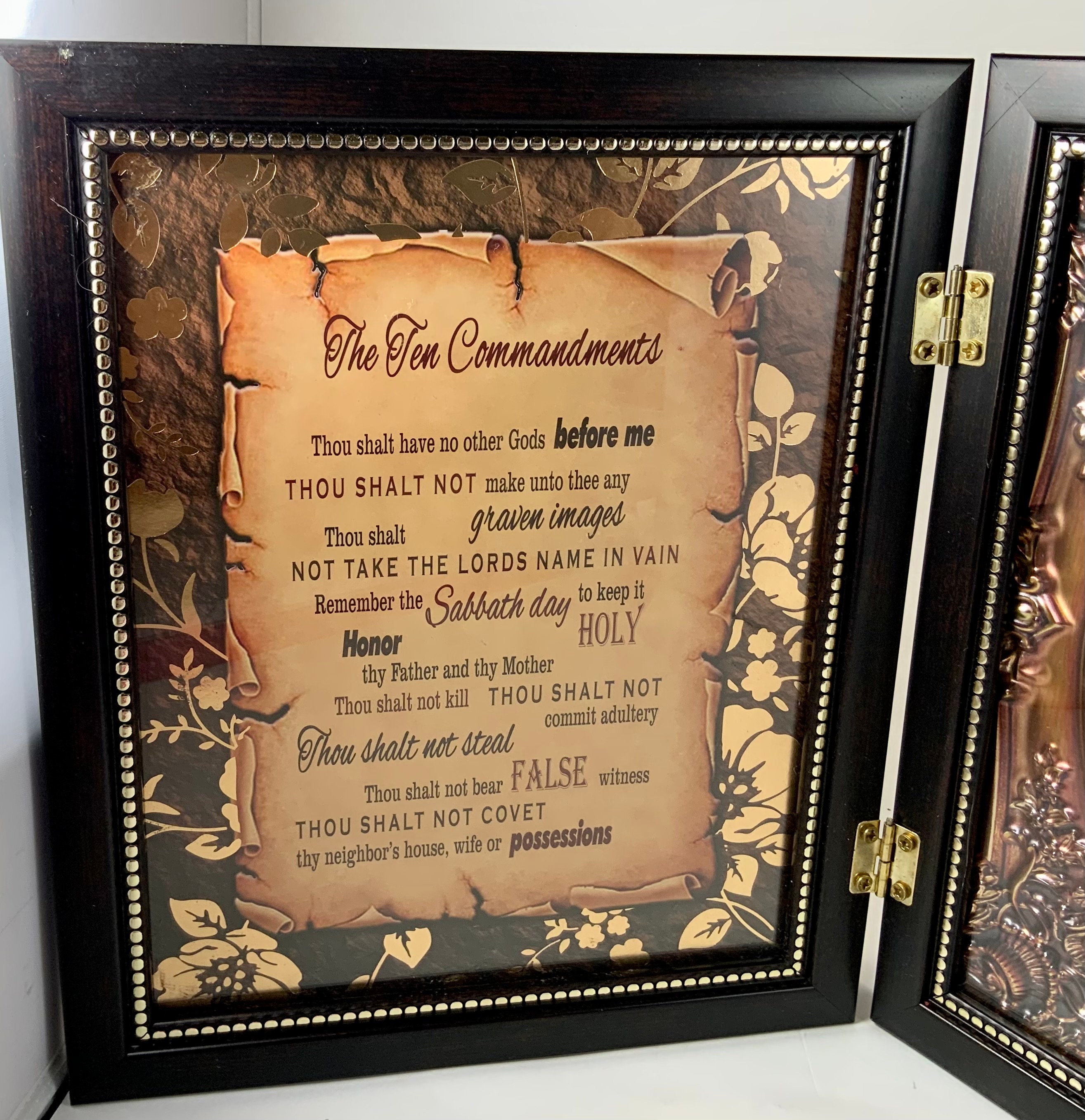 Vintage TEN COMMANDMENTS & JESUS, Double Frame, Carved Metalwork, Decor ...