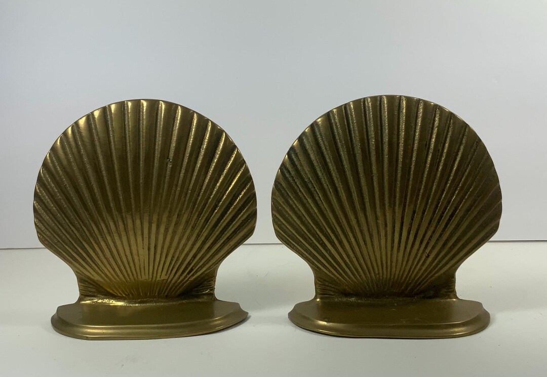 Vintage BRASS SHELL BOOKENDS Solid Brass Sea Shell Bookends Beach Decor ...