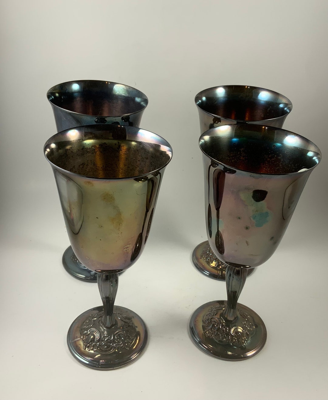 Vintage GORHAM ORNATE GOBLETS, “love Dark of the Moon”, Peacock Colored ...