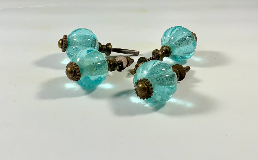 Vintage GLASS DRAWER PULLS, Cabinet Hardware, Turquoise /blue - Etsy