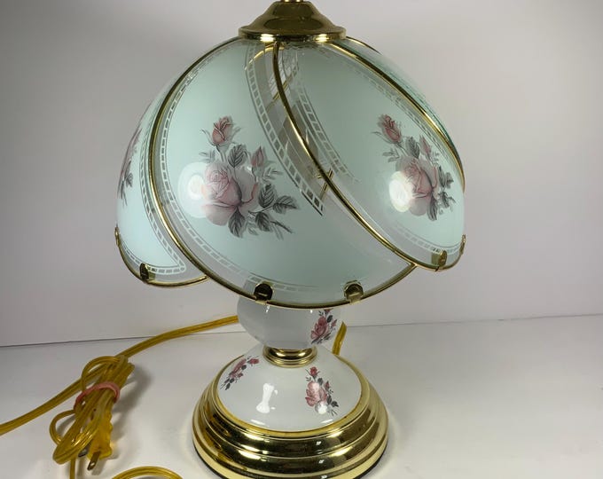 Vintage FLORAL TOUCH LAMP Pink Rose Glass and Brass Shade Milk Glass ...