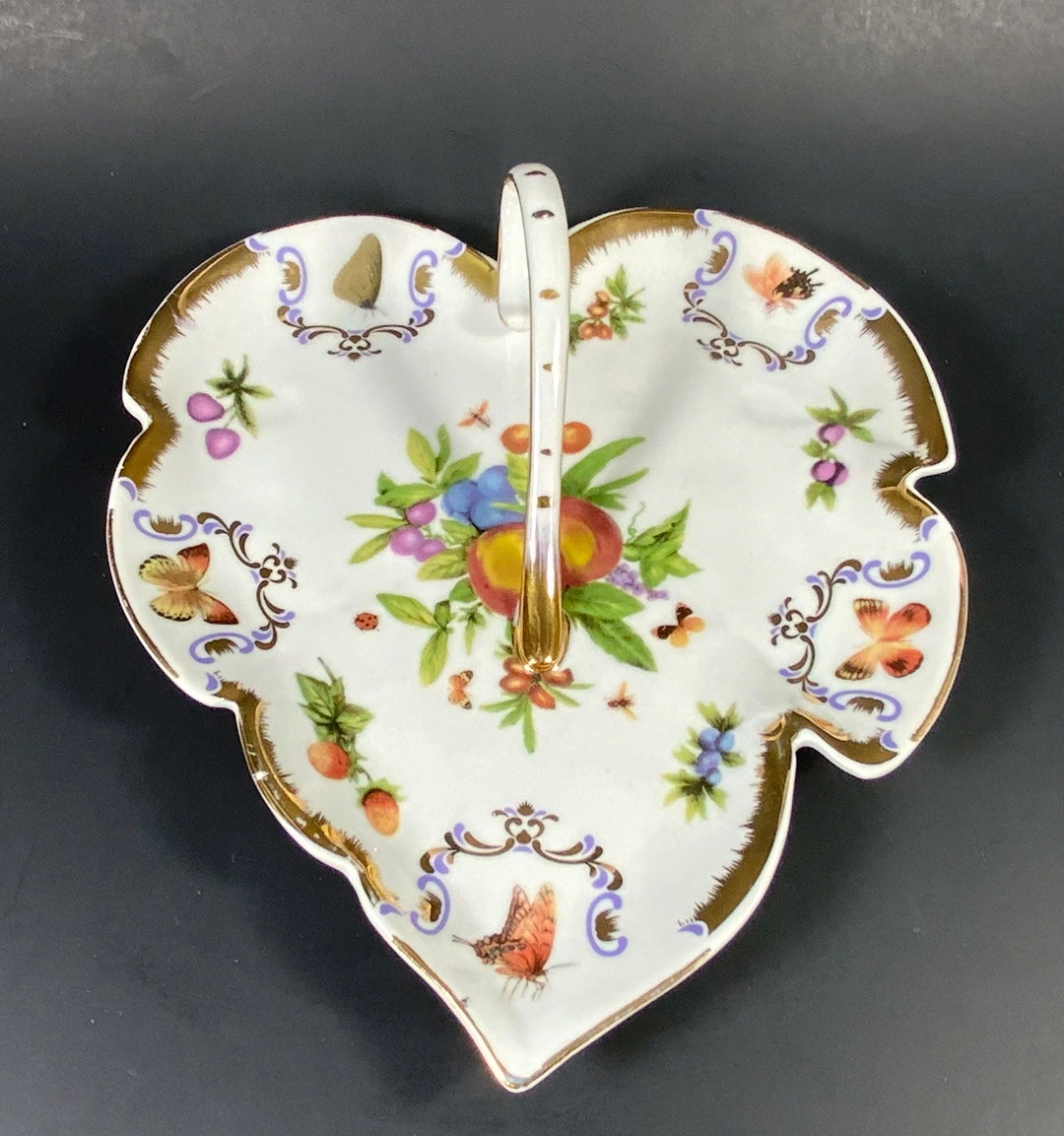 Vintage LEAF NAPPY DISH, “fruit and Butterflies”, Signed I. Godinger ...