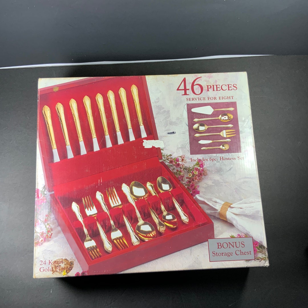 Vintage PRESCOTT STAINLESS STEEL Flatware, 24 Kt Gold Plated, (46 Pc ...