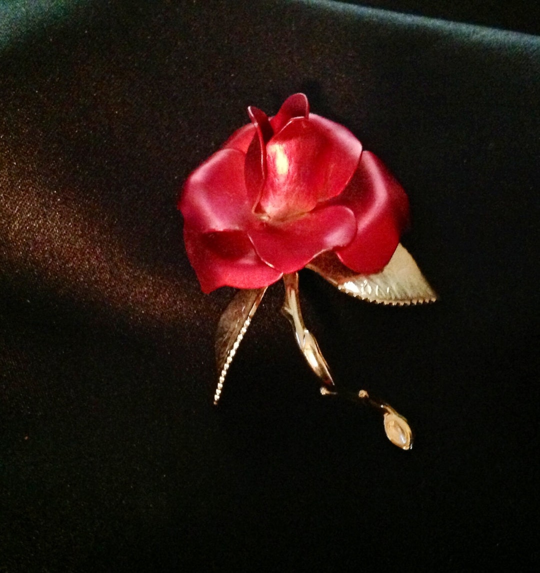 Vintage Large Long Stem Red Rose Brooch - Etsy
