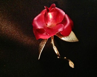 Vintage RED Rose Long Stem Enamel Bouquet Brooch Pin Gold-tone Signed ...
