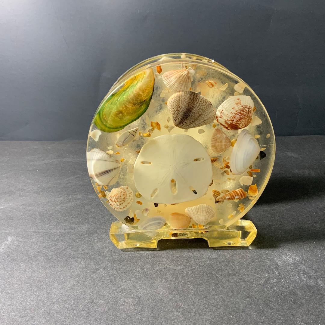 Vintage SHELL NAPKIN HOLDER, Letter Holder, Nautical Shell, Lucite ...