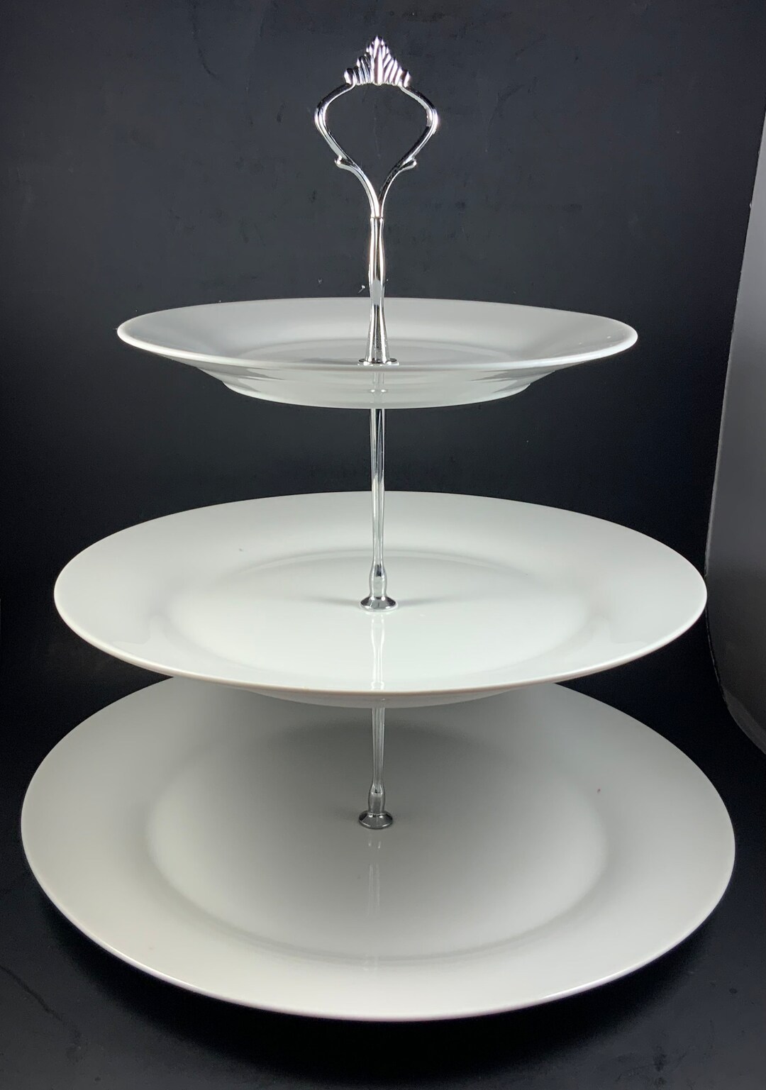 Vintage 3 TIER SERVING TRAY, White Plates, Silver Decorative Handle ...