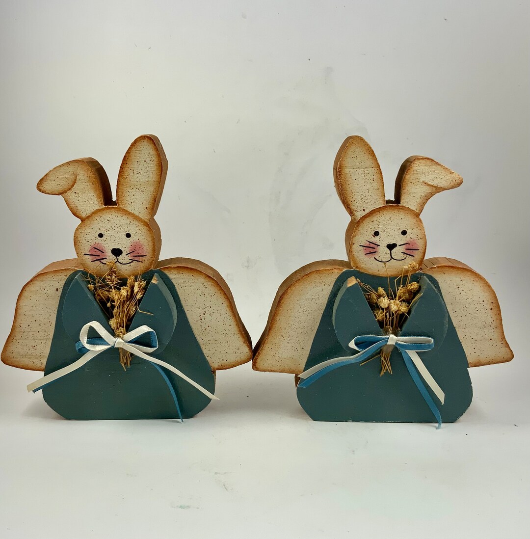 Vintage WOOD ANGEL BUNNIES, Folk Art, Shabby Chic, Farm House Decor - Etsy