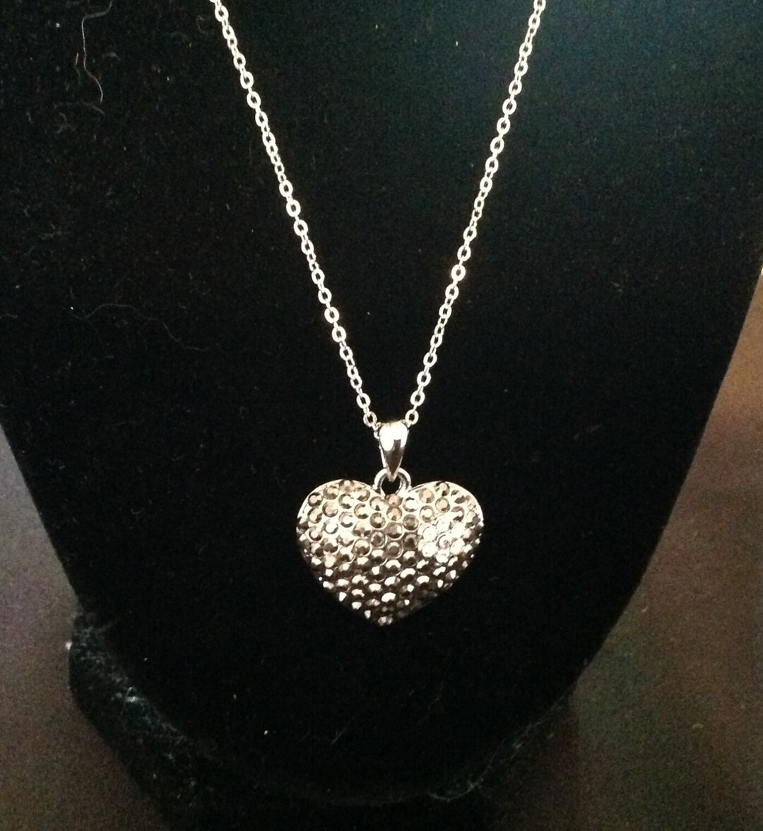 Vintage Marcasite Heart W/ Rhinestone Flower Heart Necklace - Etsy