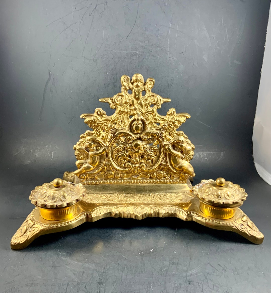 Antique/vintage BRASS DESK SET, Double Ink Well, Letter /pen Holder, - Etsy