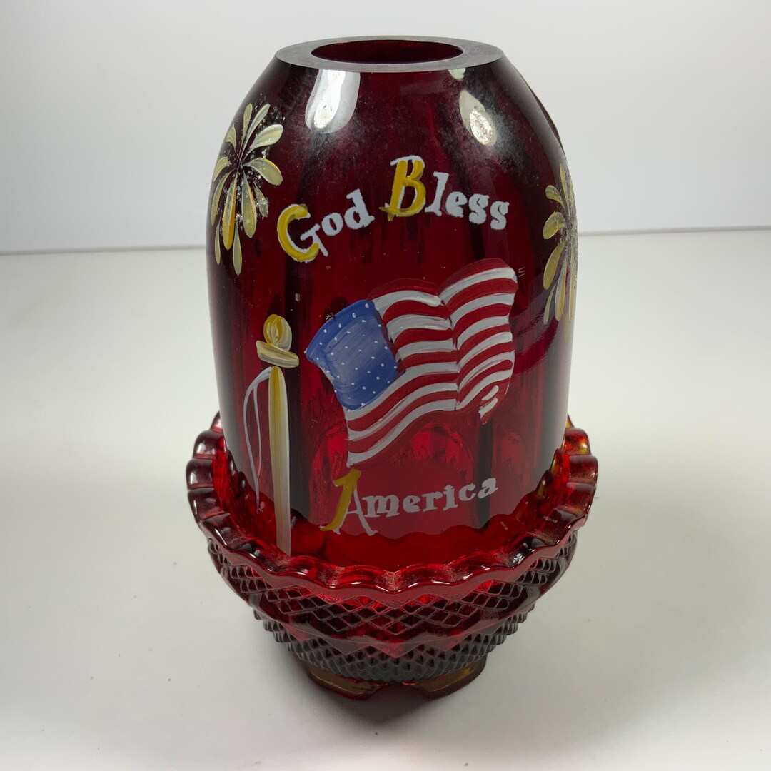 Vintage FENTON AMBERINA Fairy Light, god Bless America With Flag and ...