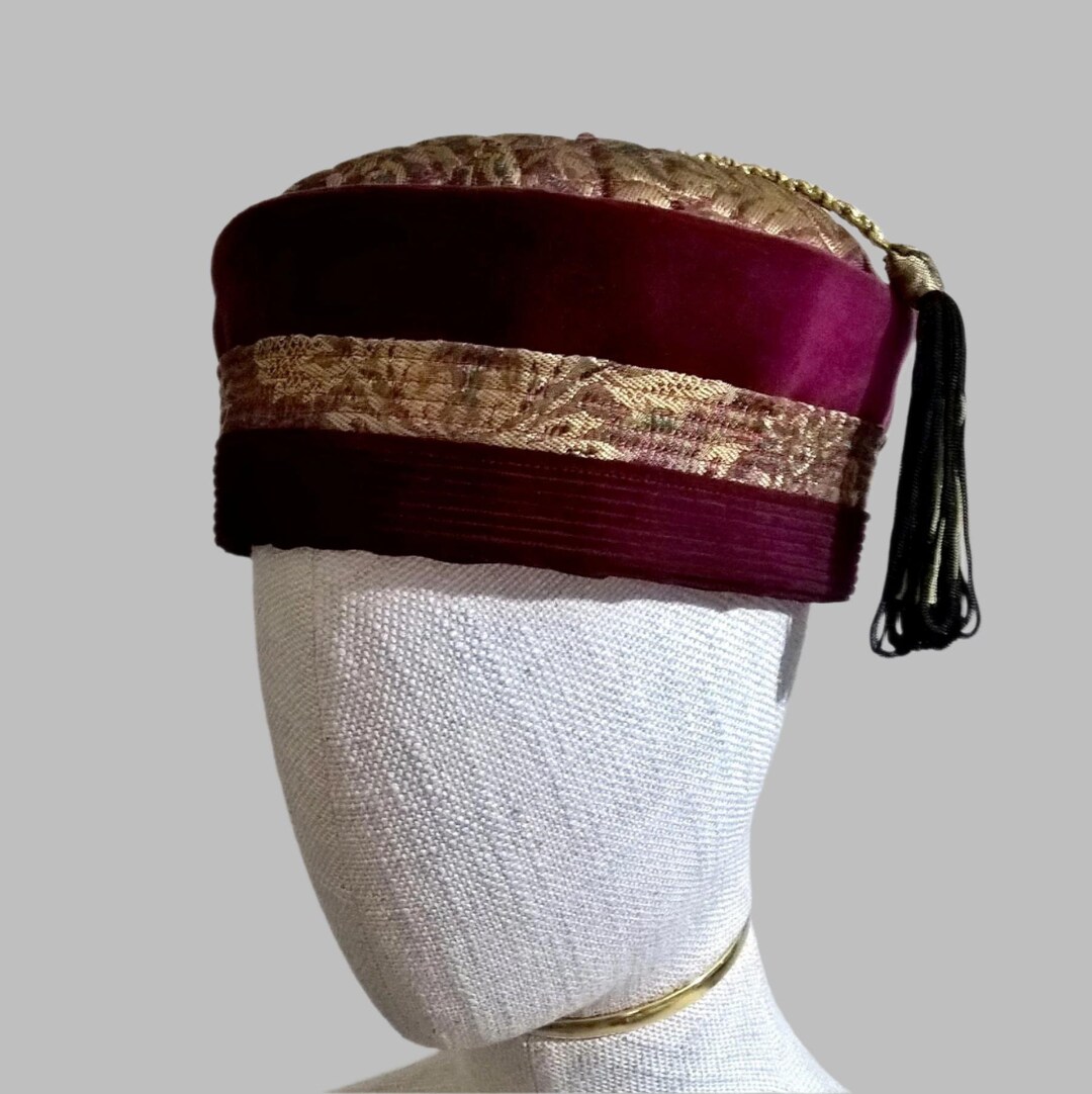 Burgundy Velvet Smoking Cap, Gold Brocade, Victorian Pillbox Hat (23 ...