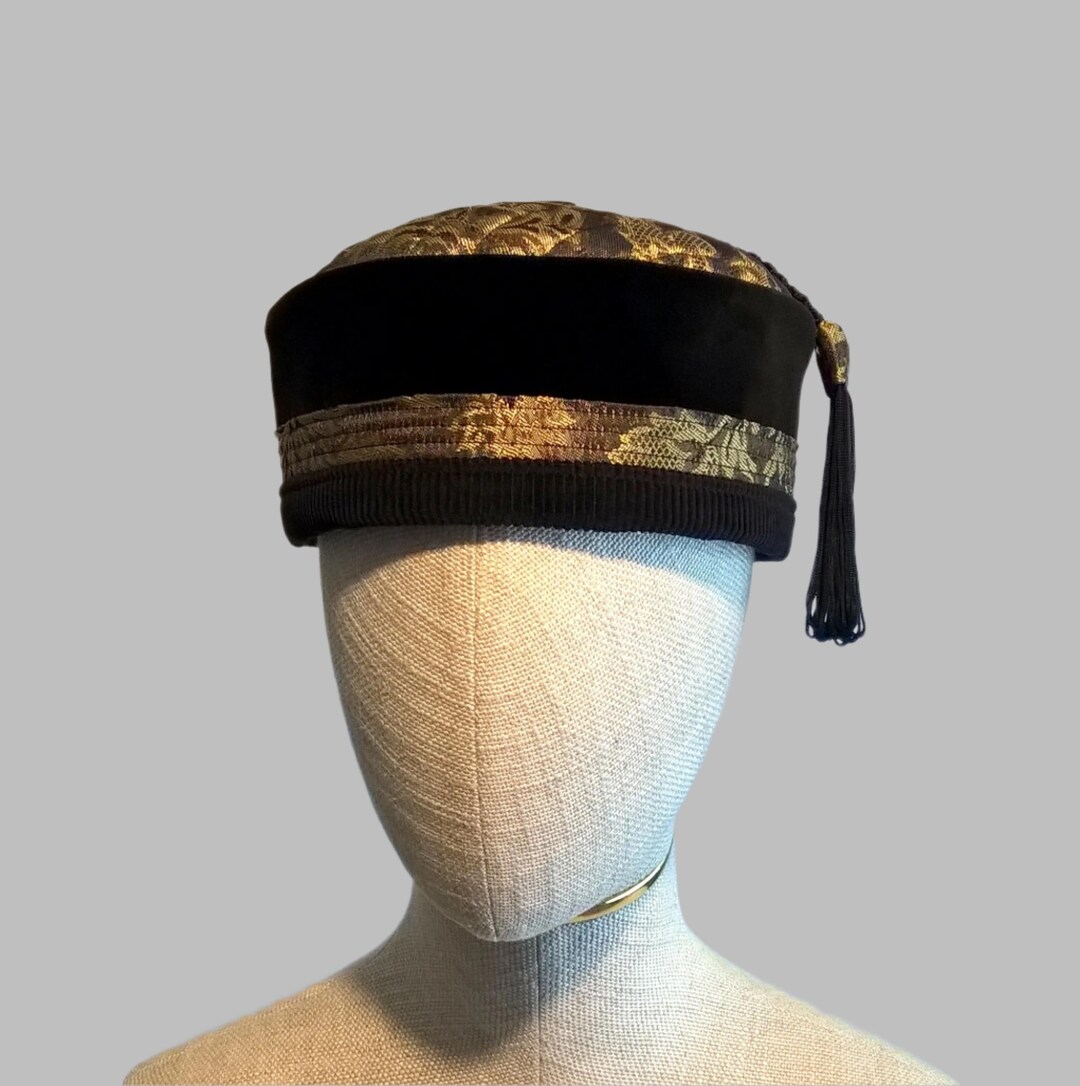 Smoking Cap Black Velvet and Gold Brocade With Tassel, Victorian Style ...