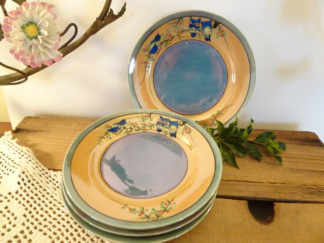 Amazing, Vintage, Lusterware Owl Plates Takito, Japan Hand Painted Blue ...